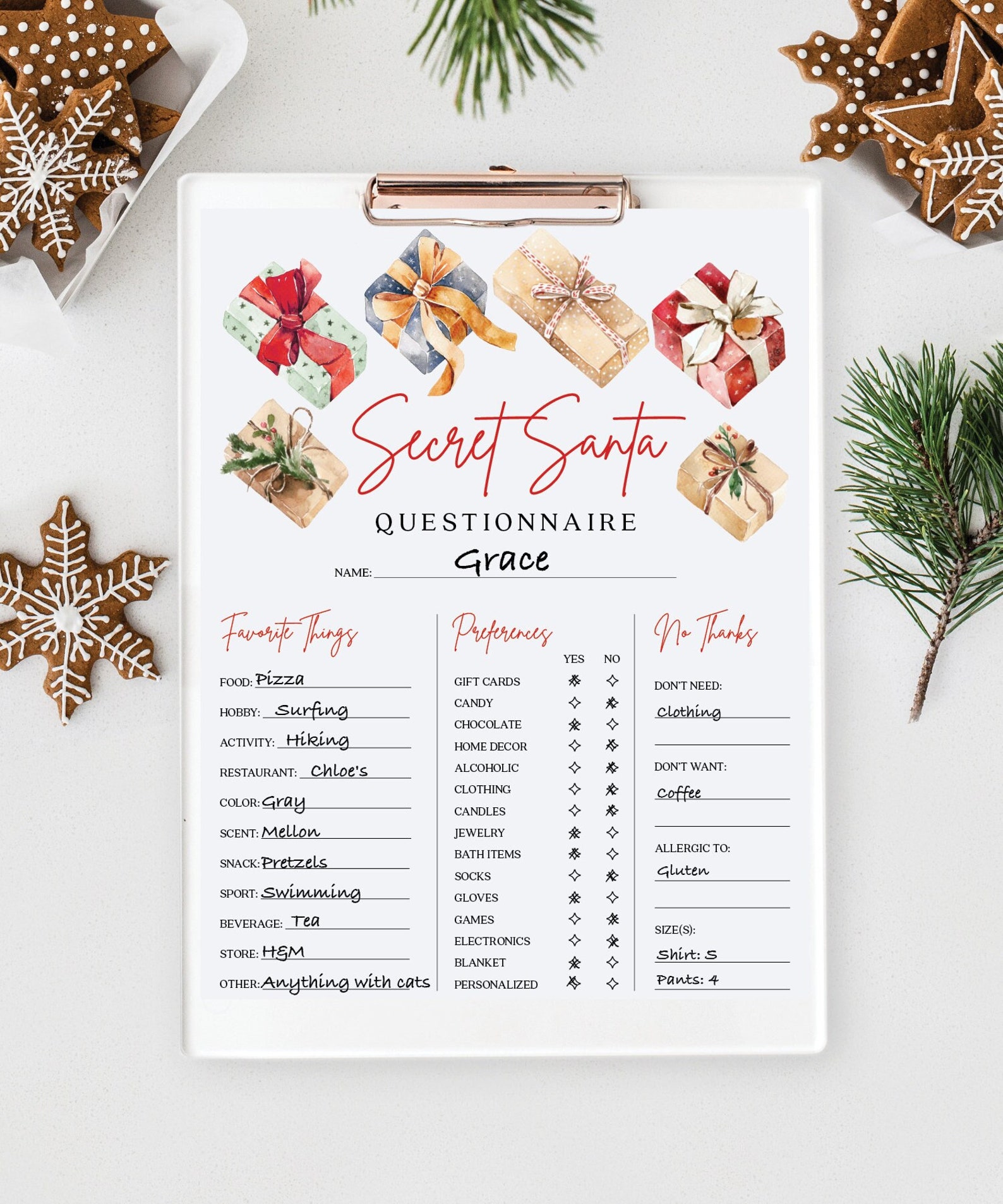 Printable Secret Santa Gift Exchange Questionnaire, Christmas Gift ...