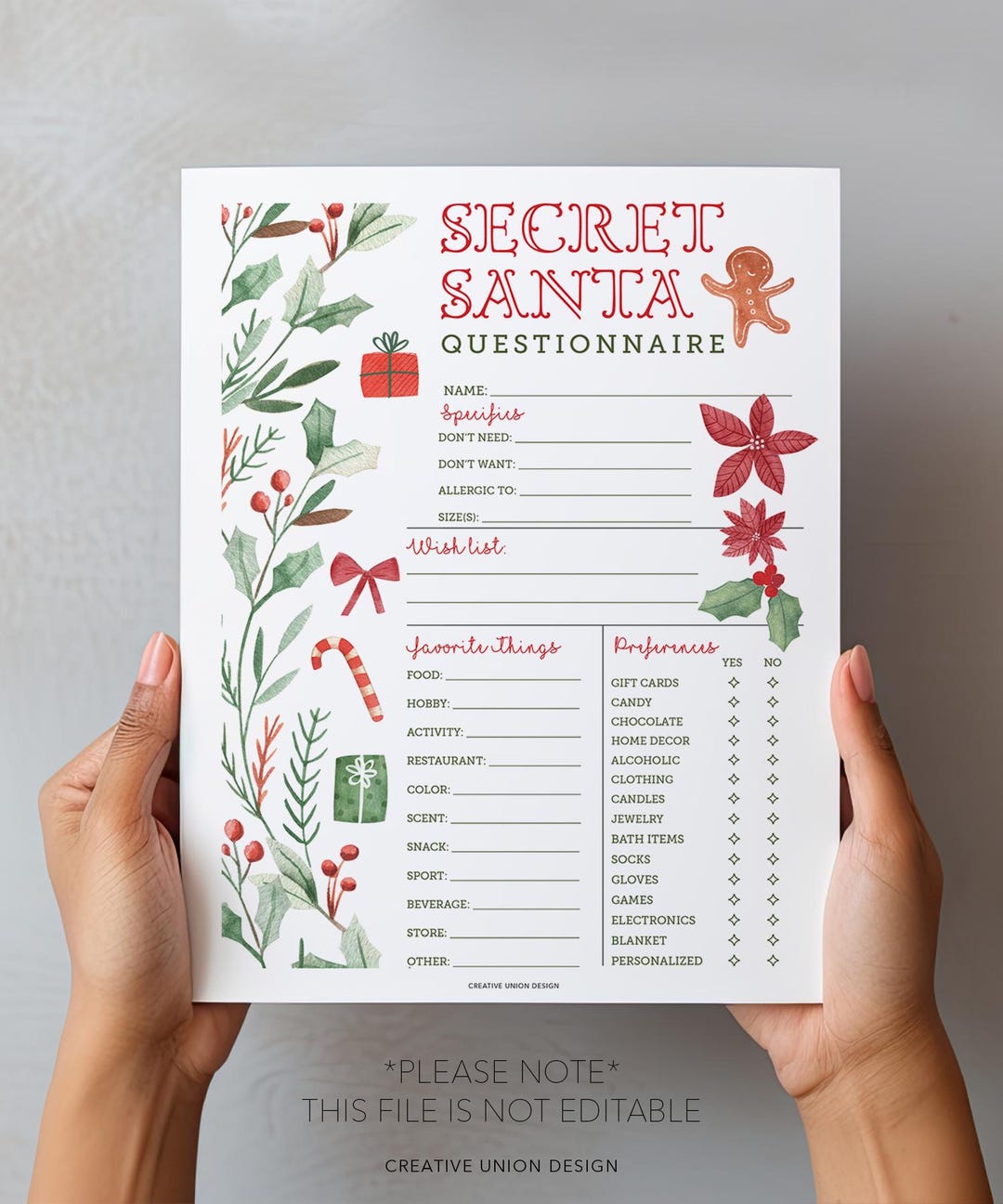 Printable Secret Santa Gift Exchange Questionnaire, Christmas Gift ...