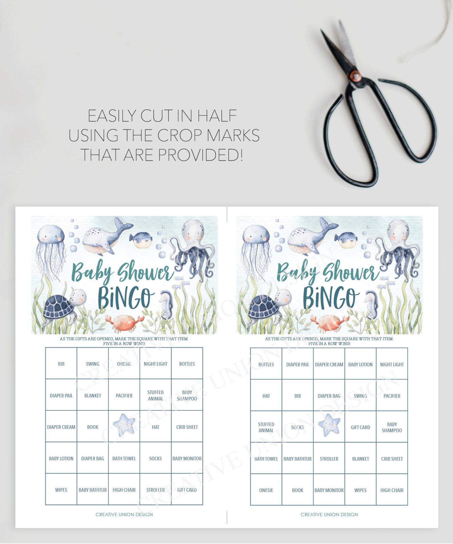 Under the Sea Baby Shower Bingo, 60 Unique Game Sheets, Baby Shower ...