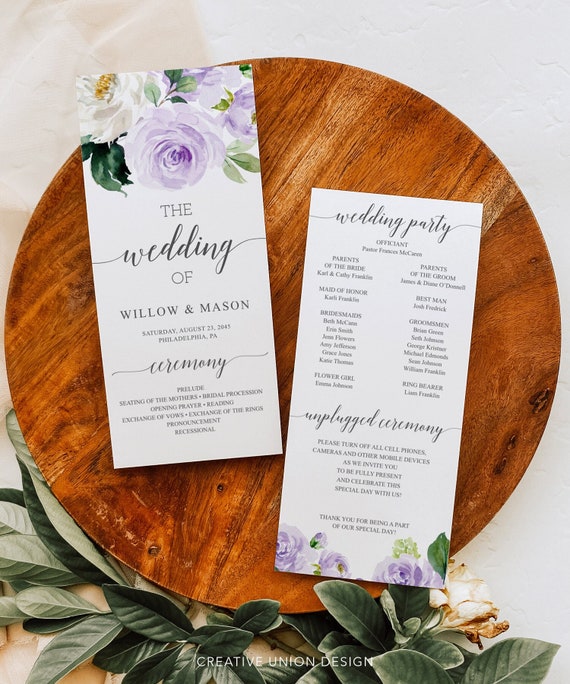Lavender Blooms Wedding Programs Template, 4x9 Wedding Program, Editable Wedding Program ...