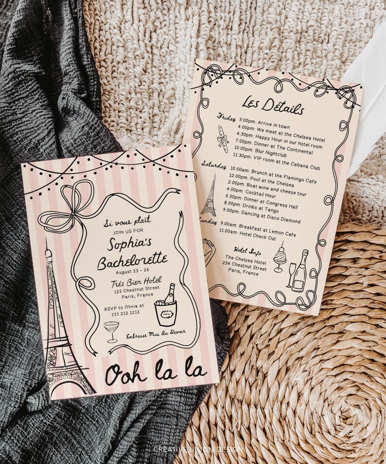 Hand Drawn French Bachelorette Party Invitation and Itinerary Template ...