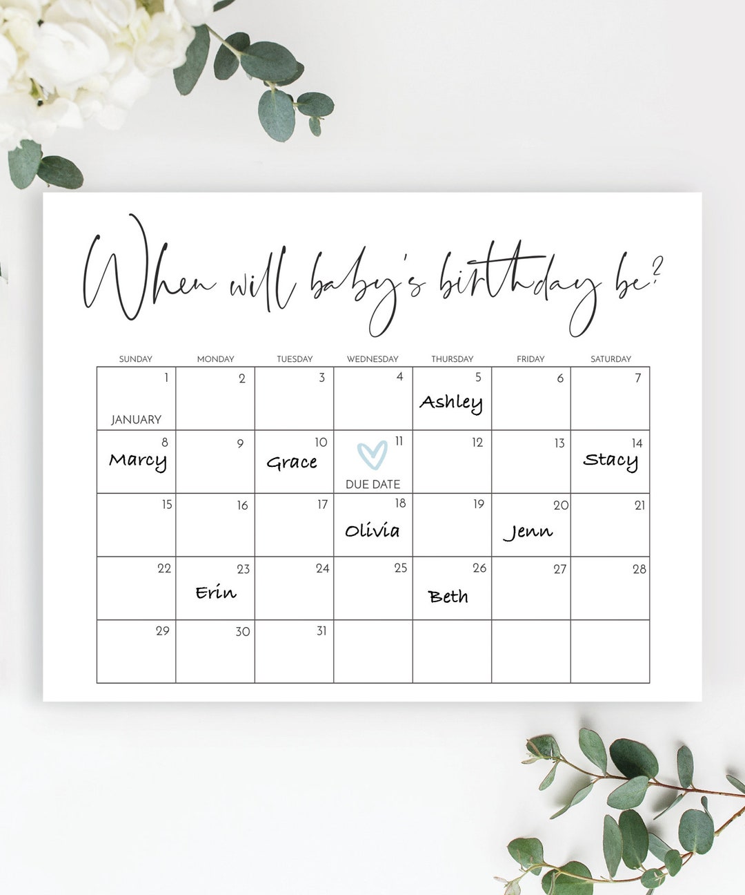 Modern Baby Shower Due Date Calendar, Baby Shower Birthday Prediction ...