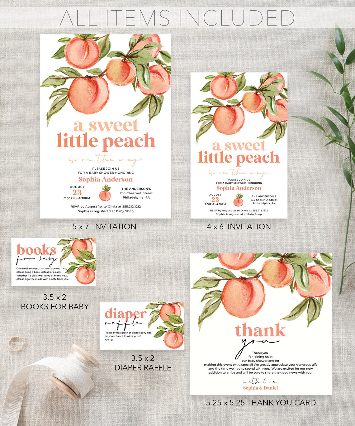 Peach Baby Shower Invitation Set Template, Printable Editable, Thank ...