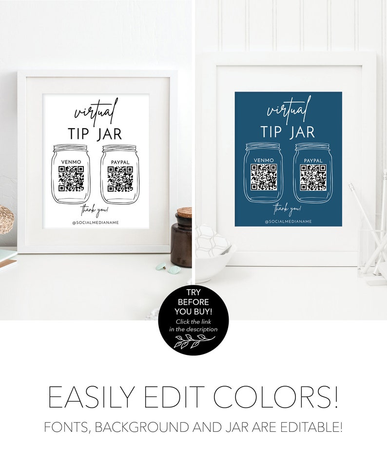 Printable Virtual Tip Jars Sign Venmo and Paypal QR Code - Etsy