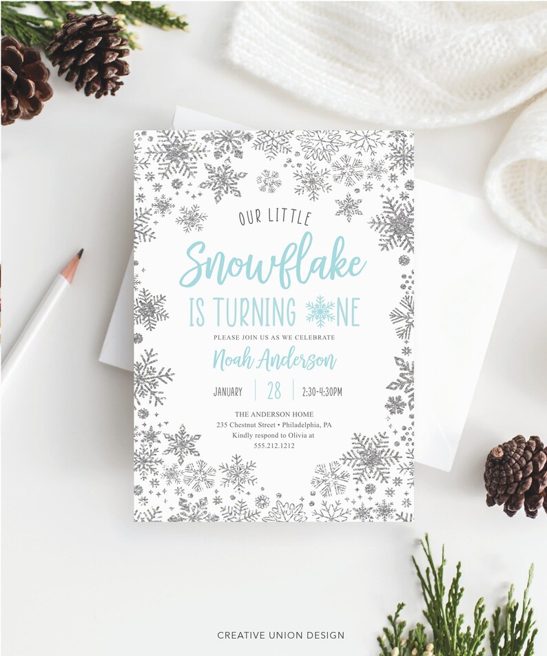 Blue Winter Birthday Invitation, Our Little Snowflake, First Birthday ...