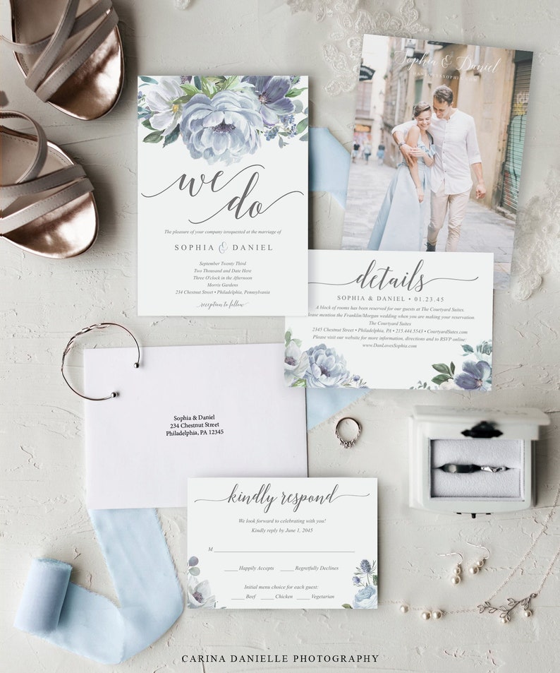 Dusty Blue Wedding Invitations Template Printable Wedding - Etsy