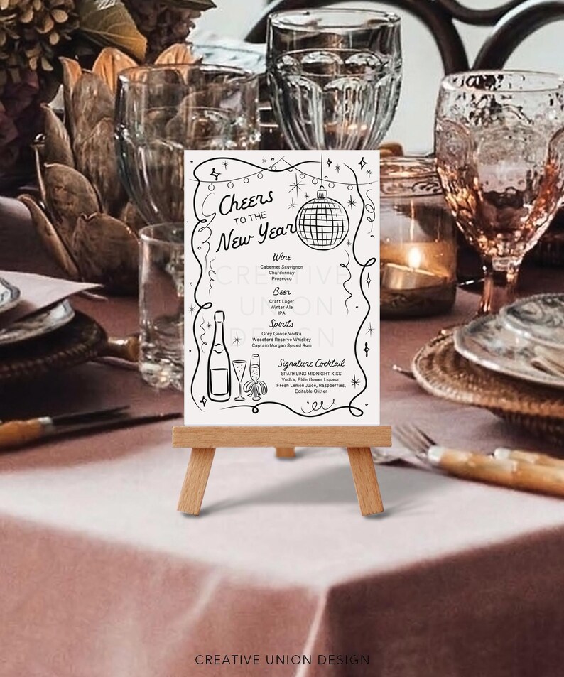 New Years Cocktail Menu Sign Template, New Year's Eve Bar Menu Sign ...