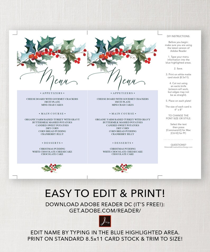 Christmas Menu Holiday Menu Printable Menu Rustic - Etsy