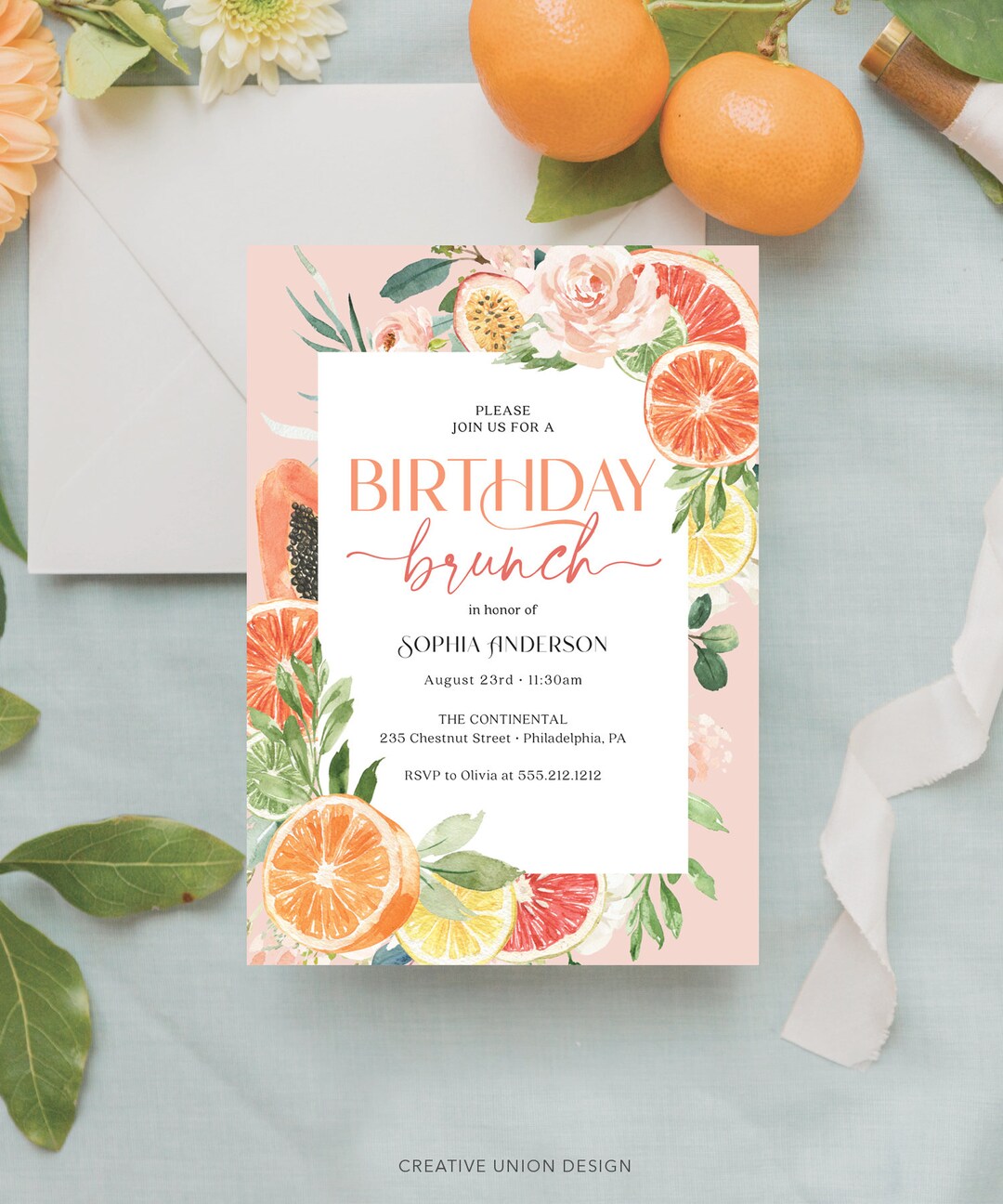 Citrus Birthday Brunch Invite Template, Lemon Birthday Party Invitation ...