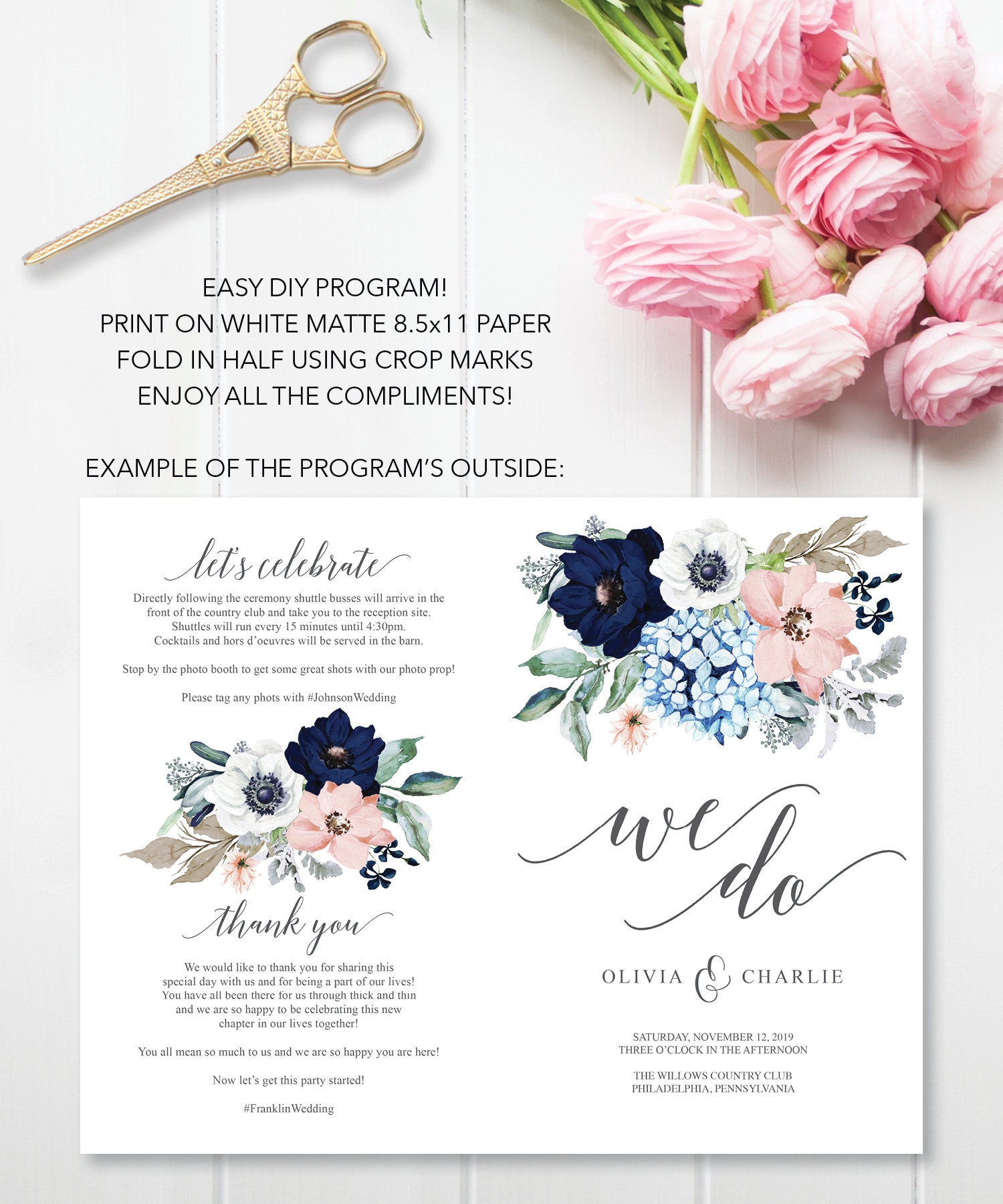 Folded Wedding Program Template Printable Wedding Program | Etsy