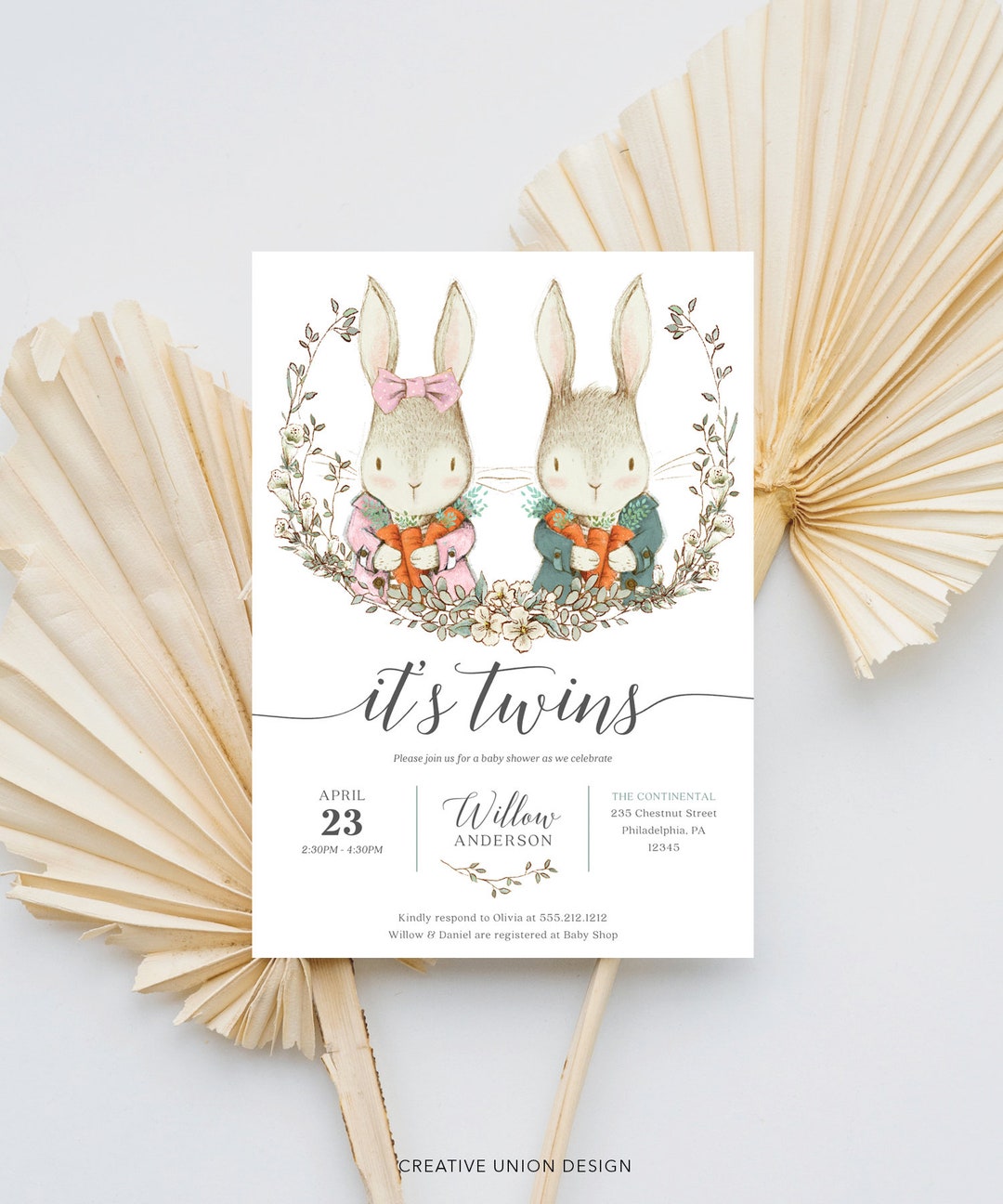 Vintage Rabbit Twins Baby Shower Invitation Template, Bunny Theme Baby ...