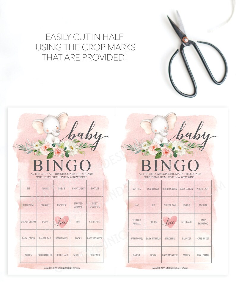 Elephant Baby Shower Bingo - 60 Unique Game Sheets - Baby Shower Games ...