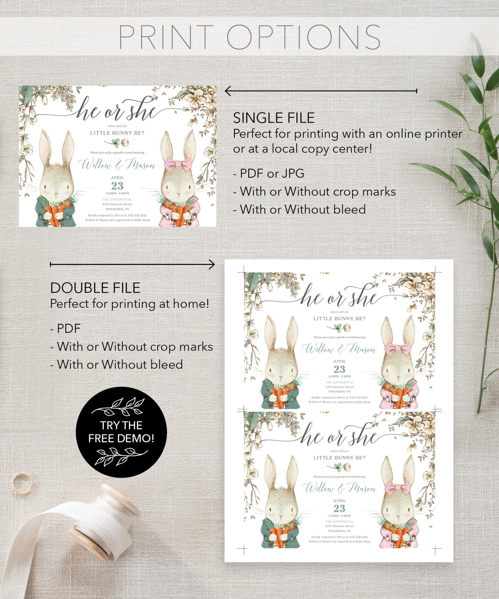 Vintage Rabbit Gender Reveal Invitation Template, Bunny Theme Gender ...