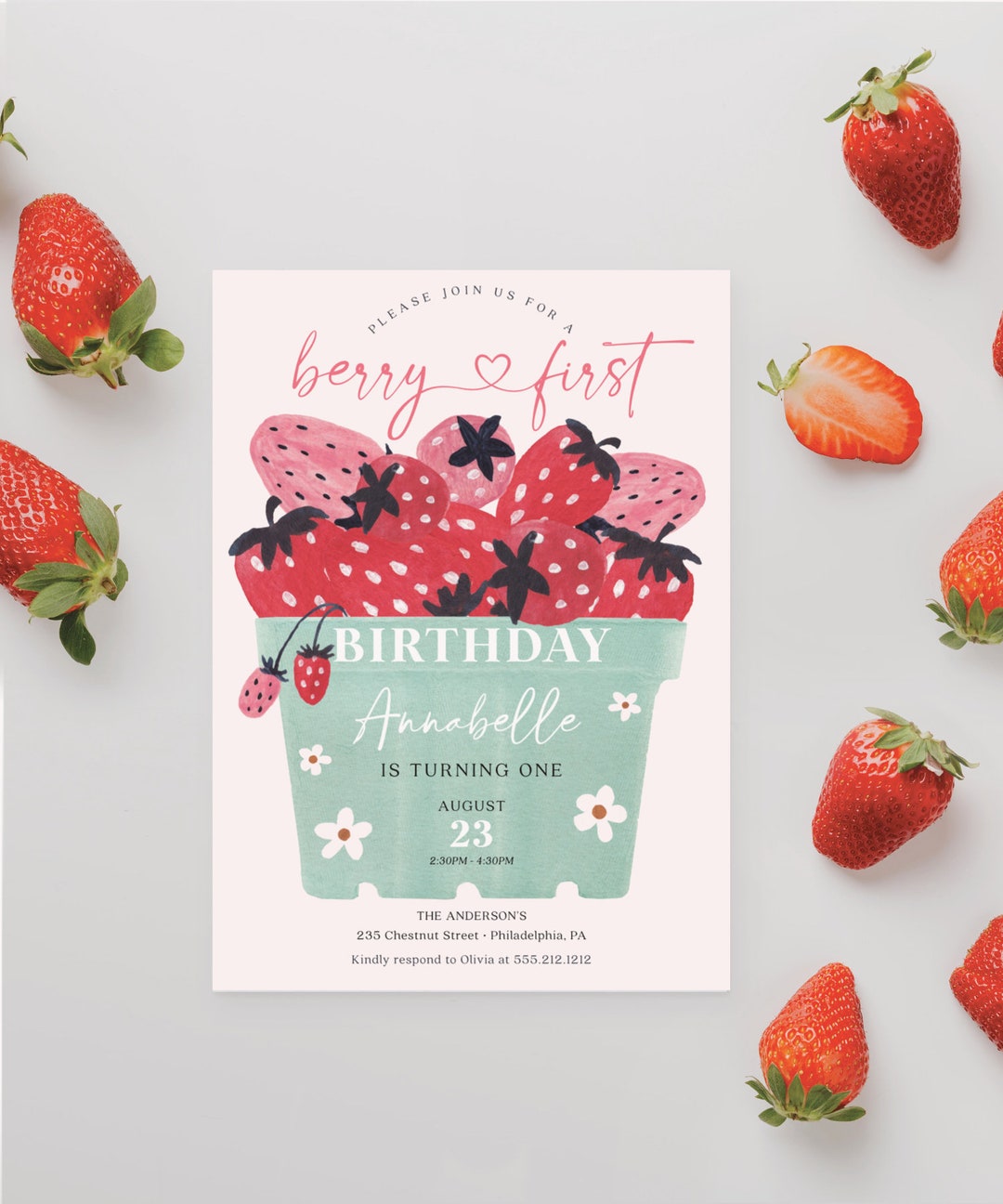 Berry First Birthday Invite Template, Strawberry 1st Birthday ...