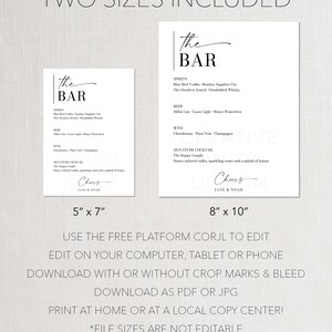 The Bar Sign, Wedding Signs, Modern Drink Menu Template, Minimal ...