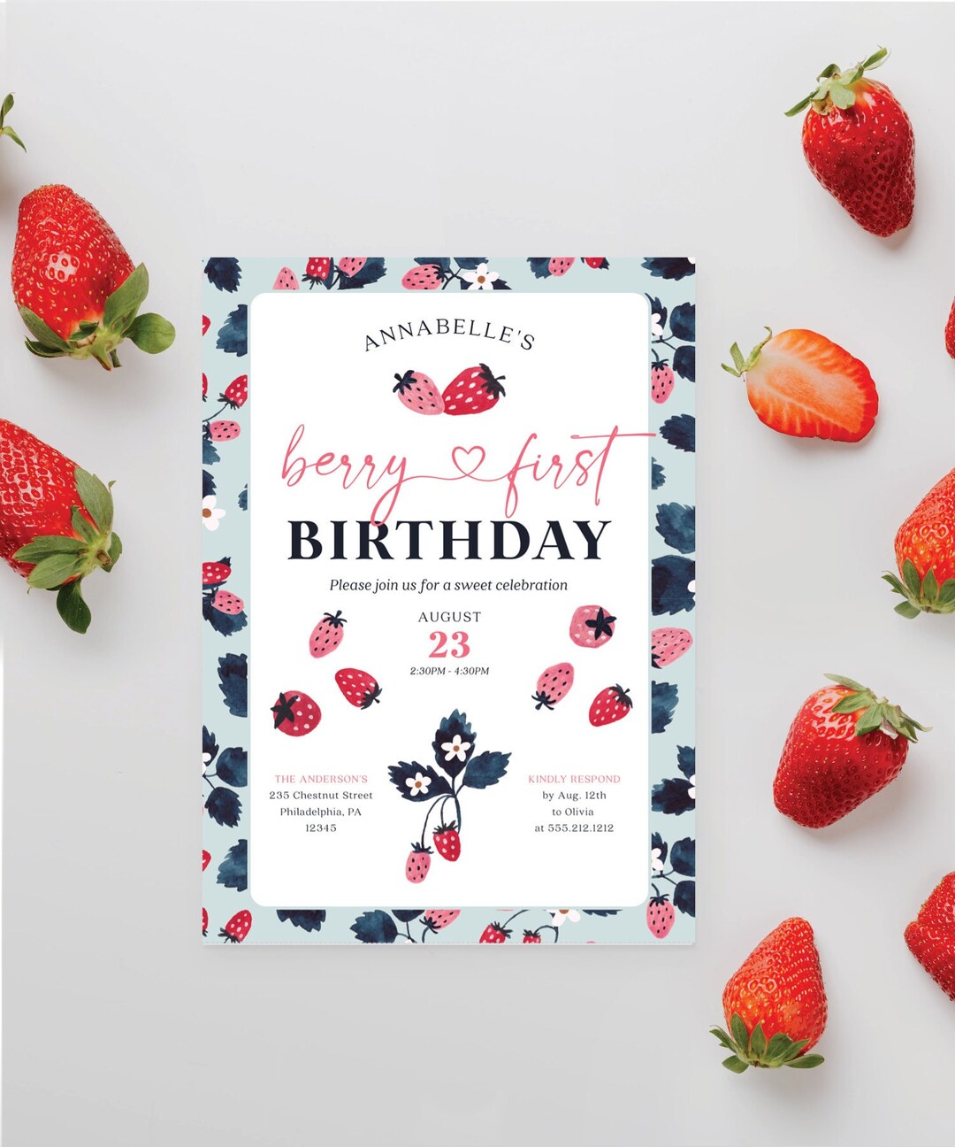 Berry First Strawberry 1st Birthday Invitation Template, Berry First ...