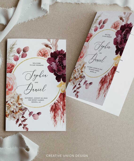 Boho Pampas Grass Folded Wedding Program Template, Printable Programs ...