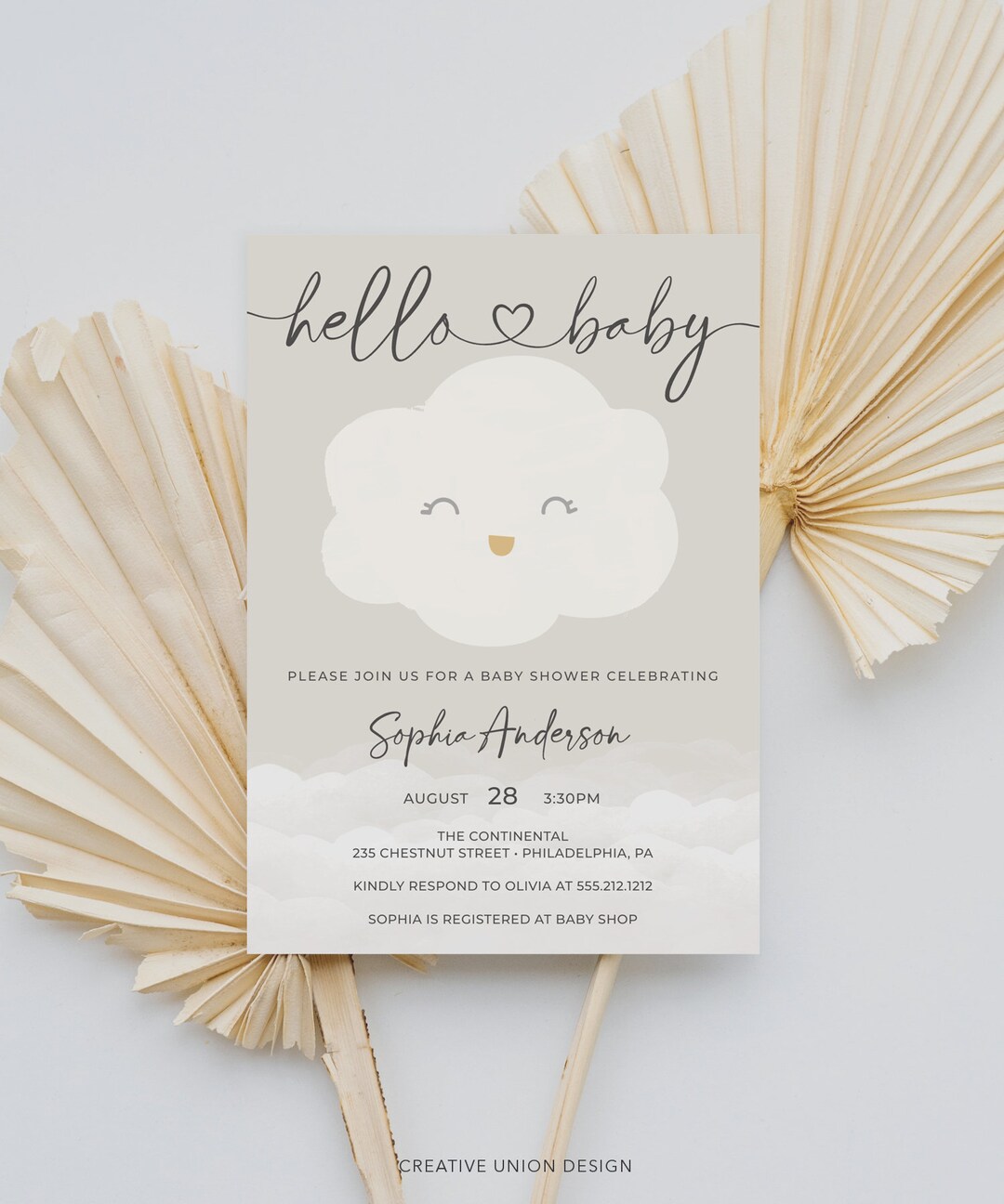 CLOUD Baby Shower Invitation Template, Hello Baby, Clouds Neutral Baby ...
