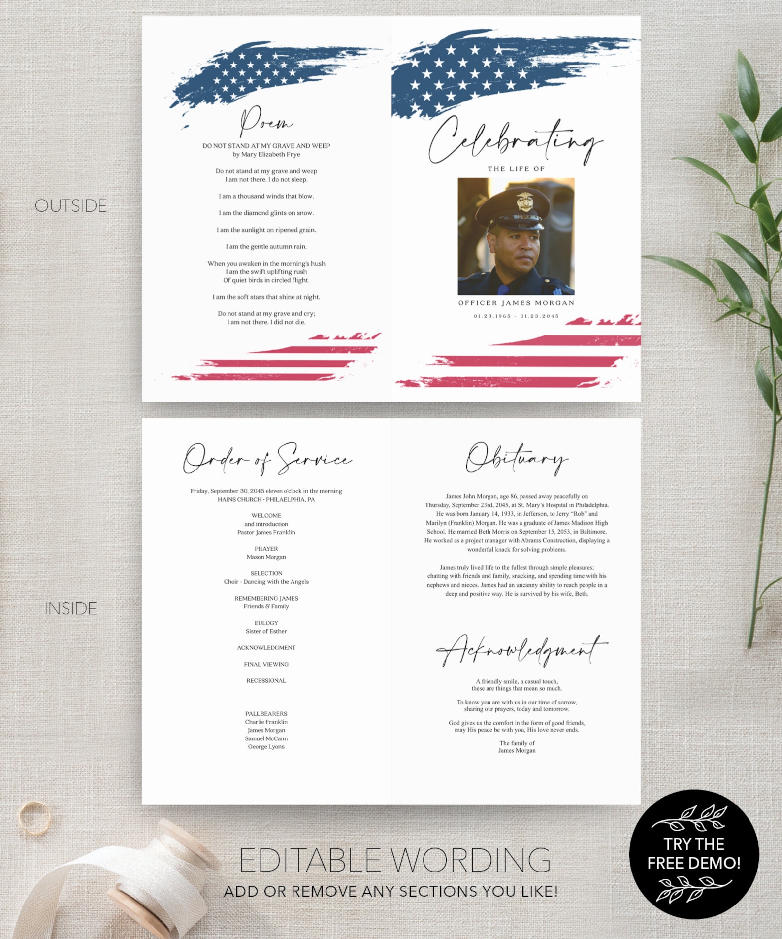 American Flag Funeral Program Template for Service Members, Veteran ...