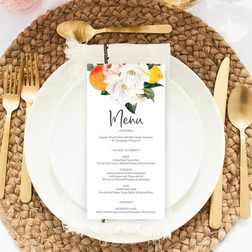 Lemon Menu Template Citrus Menu Printable Wedding Dinner - Etsy