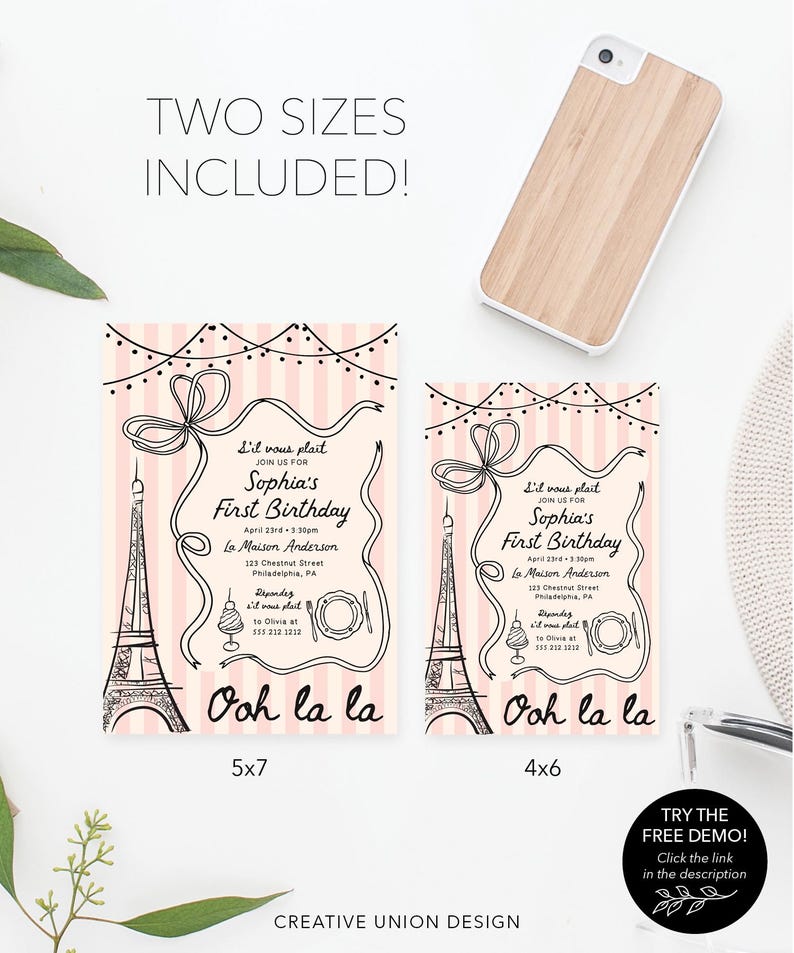 Hand Drawn French First Birthday Invitation Template, Paris 1st ...