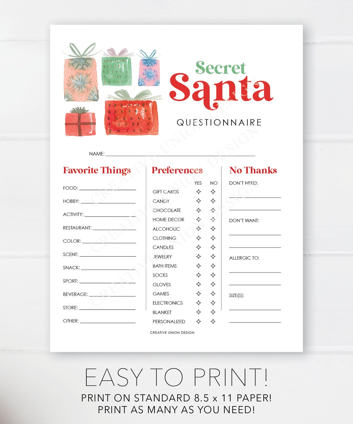 Printable Retro Secret Santa Gift Exchange Questionnaire, Christmas ...