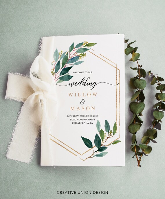 Folded Wedding Program Template, Printable Greenery Wedding ProgramS, Editable Ceremony Program ...