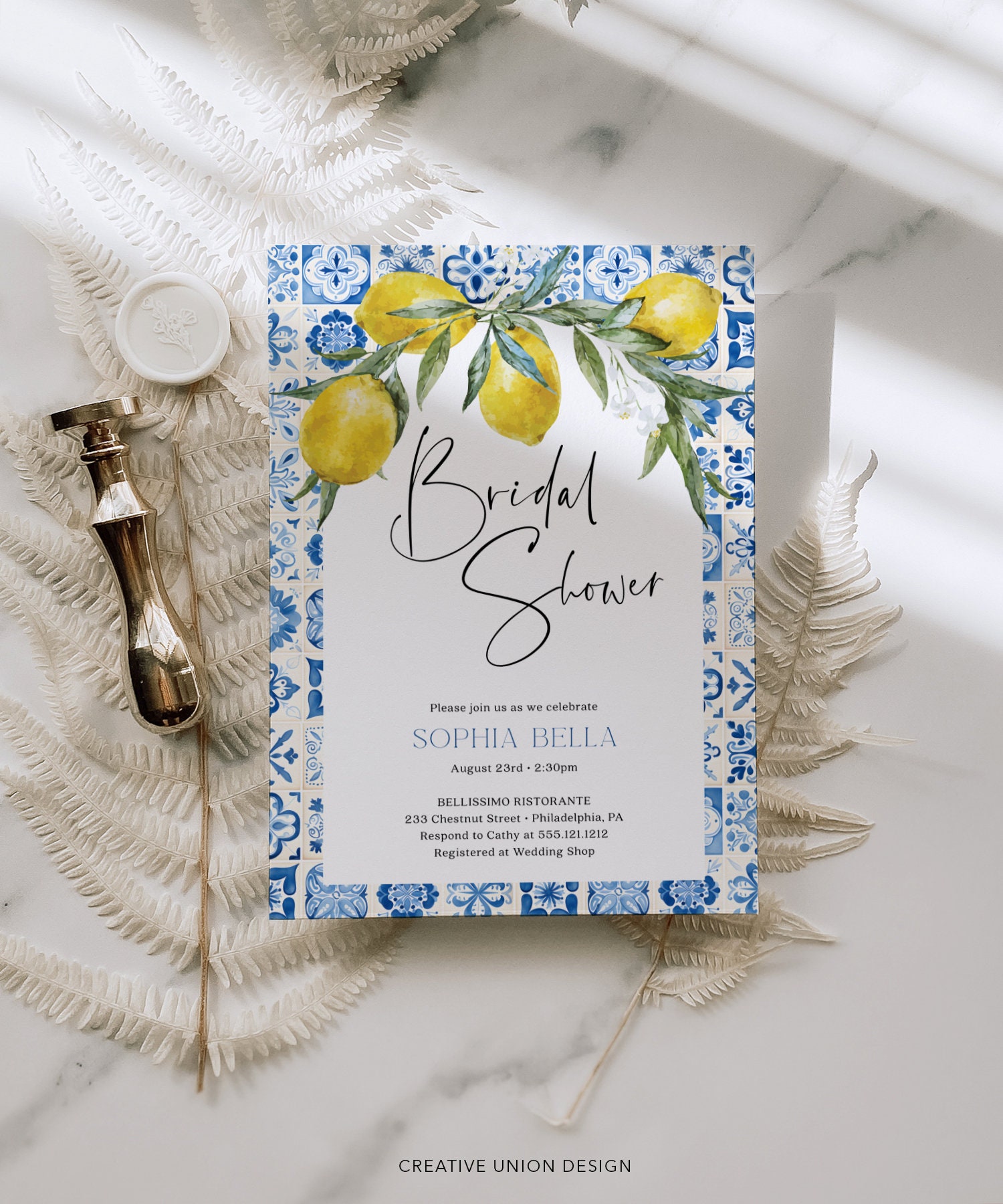 Italian Bridal Shower Invite Template, Mediterranean Blue Tile ...