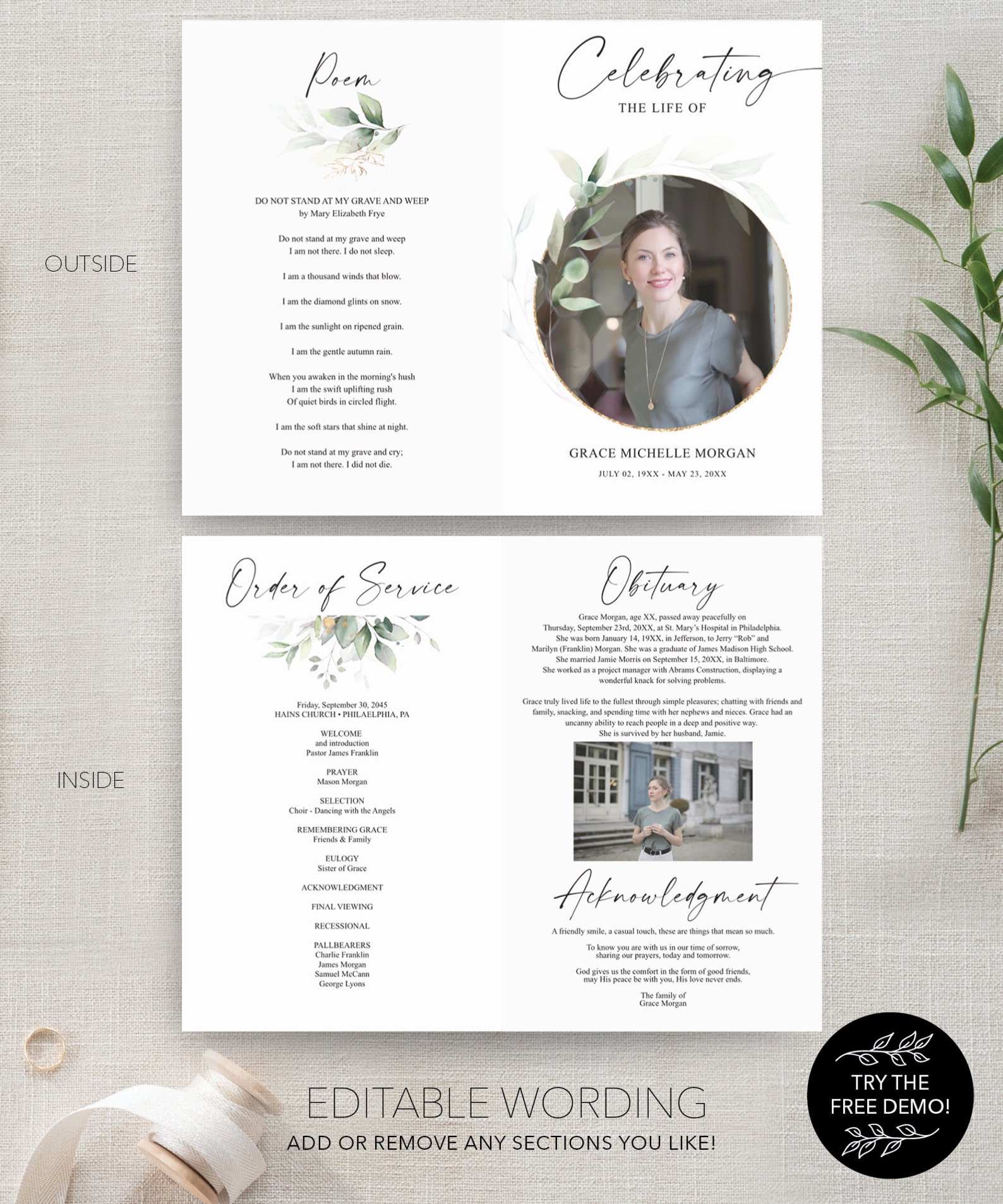 Funeral Program Template for Woman Printable Celebration of - Etsy