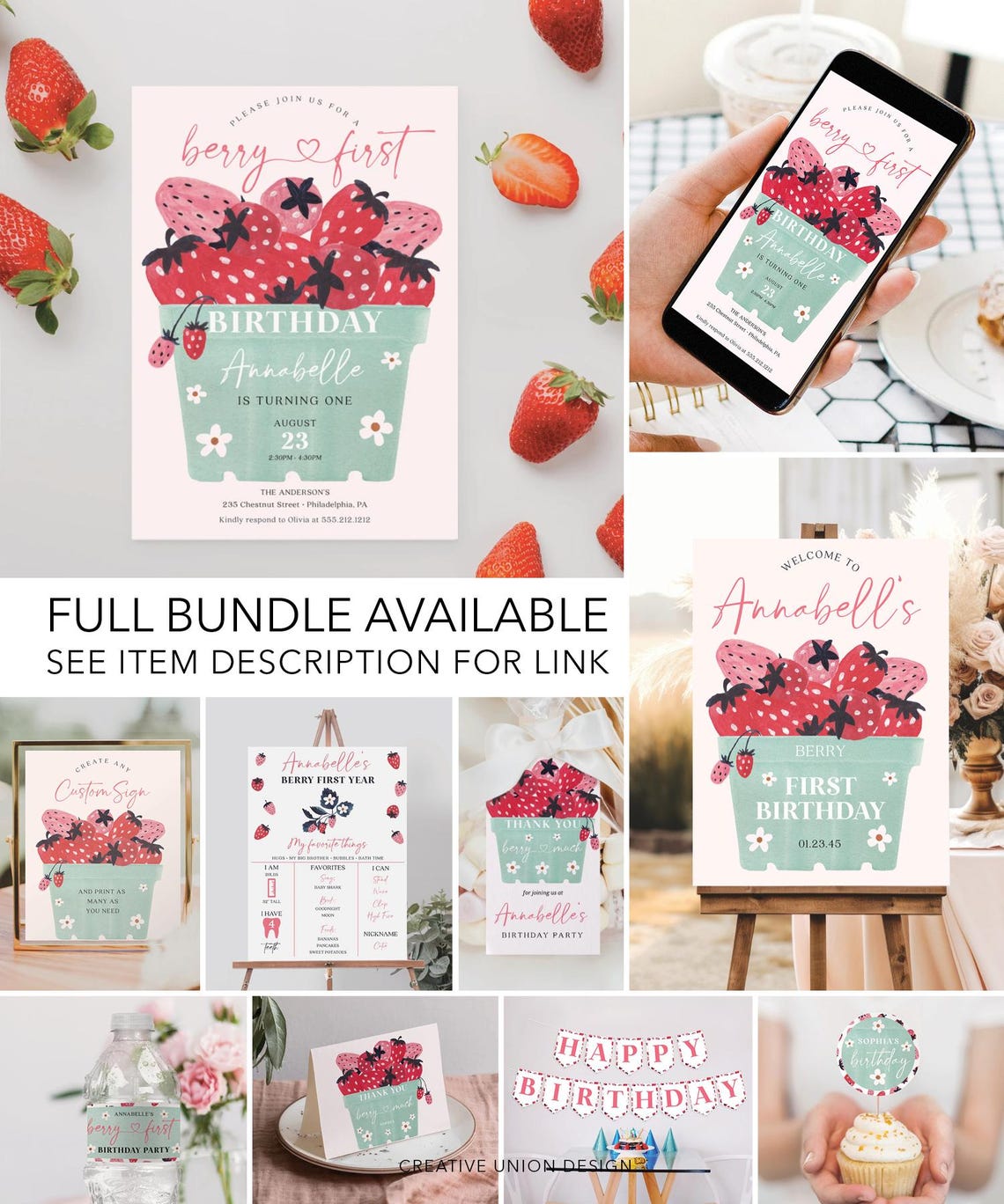 Modern Berry First Birthday Invite Template, Strawberry 1st Birthday ...