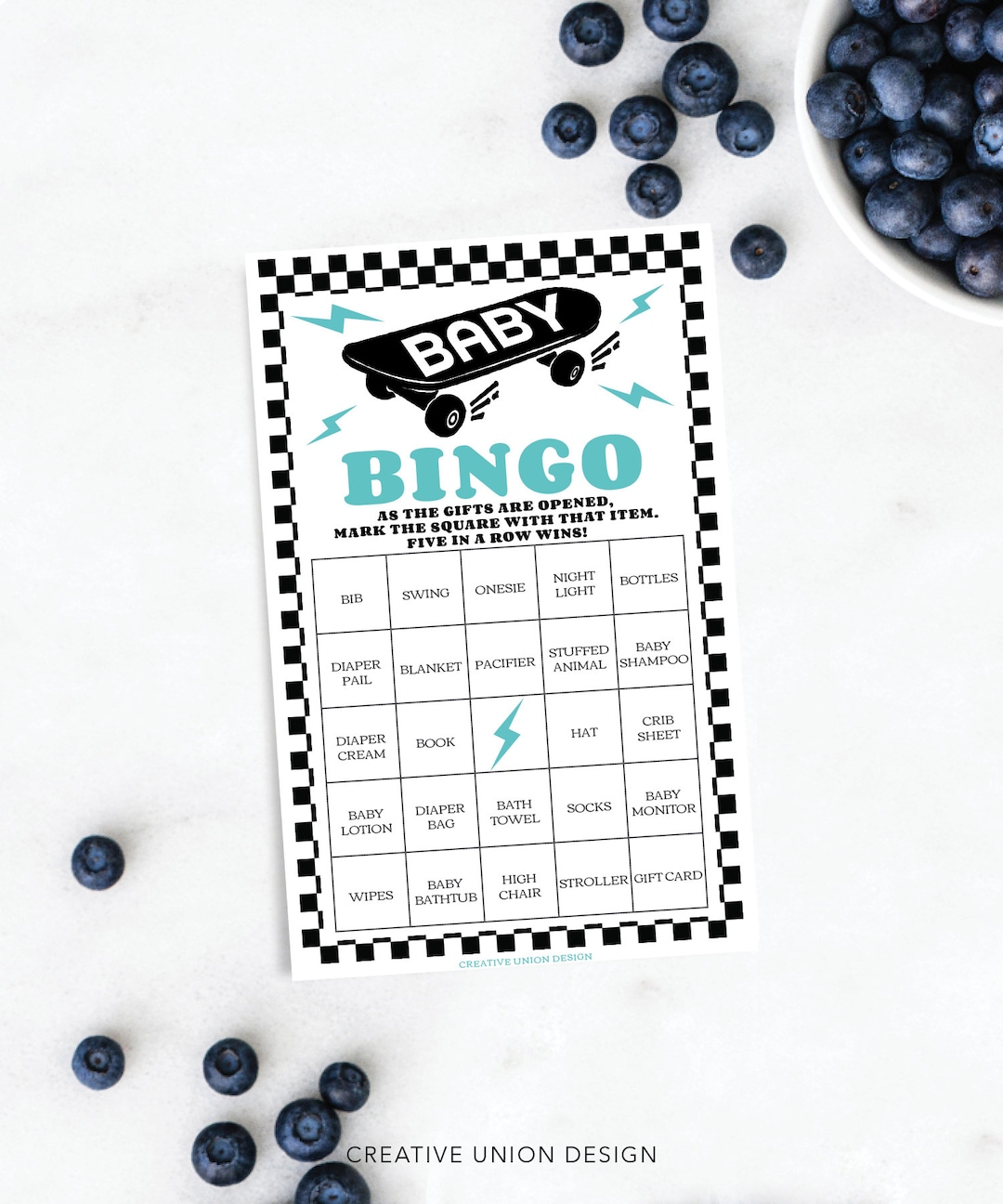 Skateboard Boy Baby Shower Bingo 60 Unique Game Sheets Blue Baby Shower ...