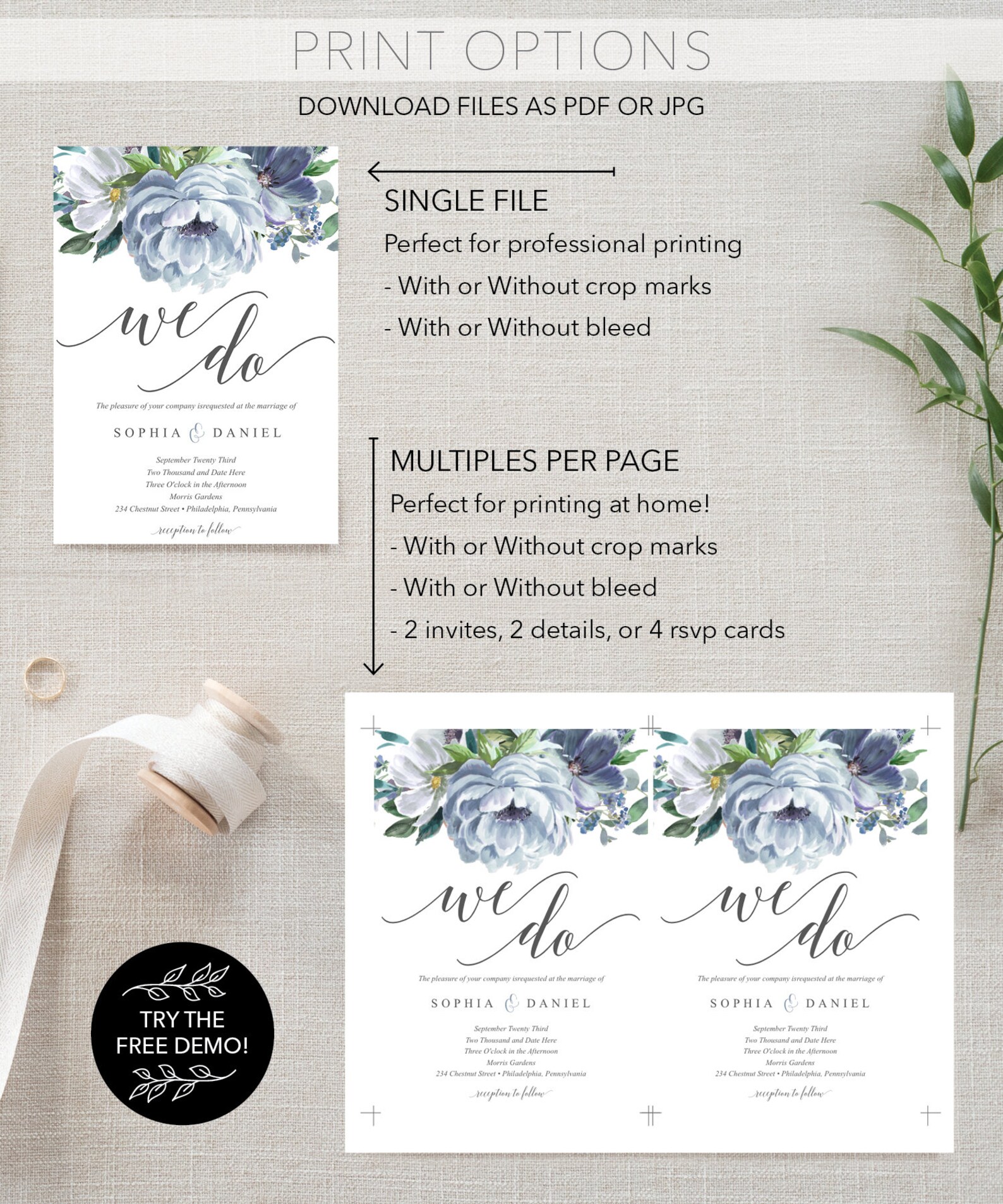 Dusty Blue Wedding Invitations Template Printable Wedding - Etsy
