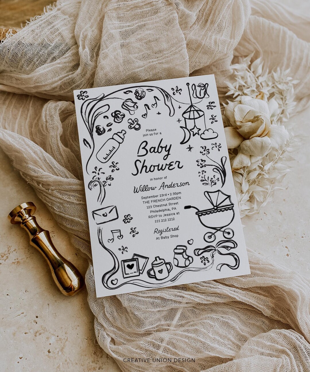 Hand Drawn Baby Shower Invitation, Baby Shower, Gender Neutral ...