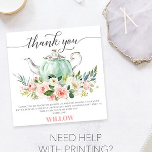 Birthday Tea Party Thank You Card Template, Printable Thank You Square ...