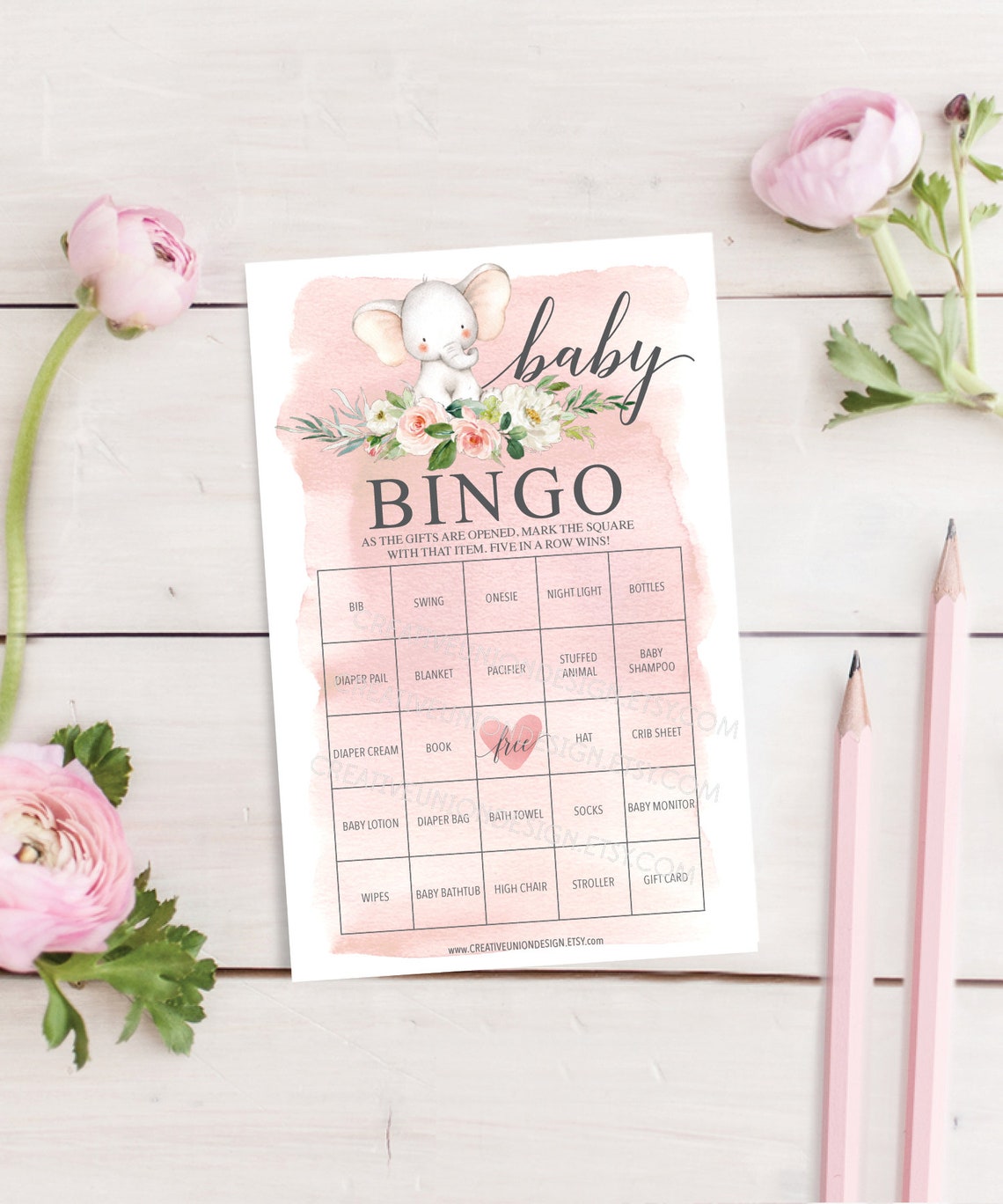 Elephant Baby Shower Bingo - 60 Unique Game Sheets - Baby Shower Games ...