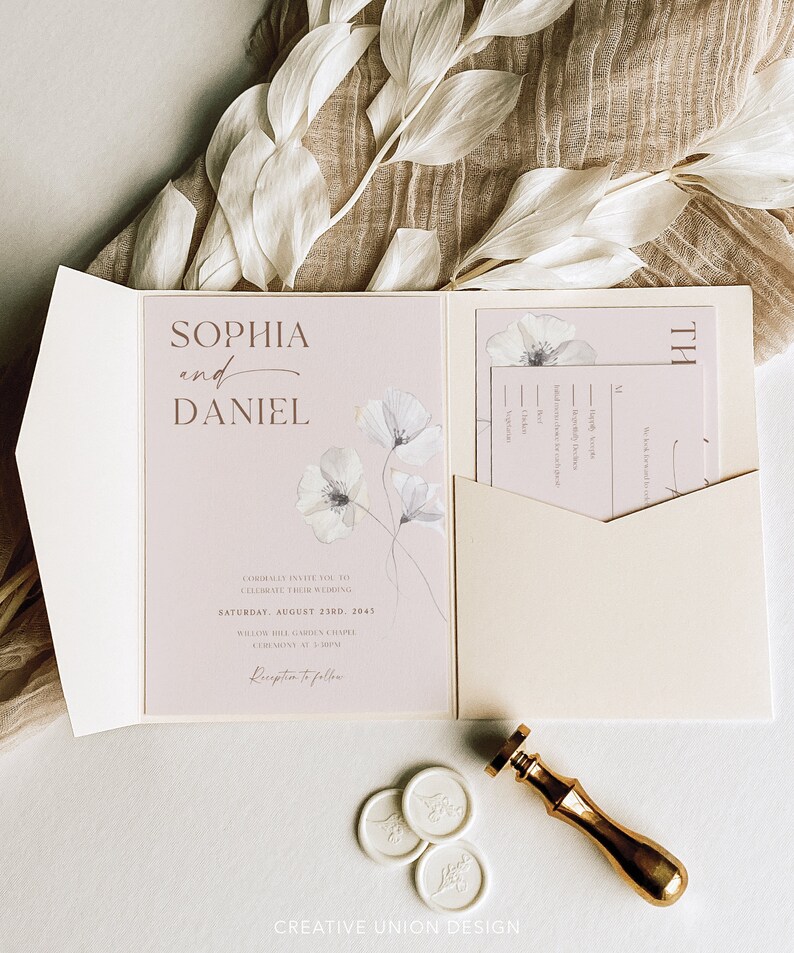 Neutral Minimal Boho Wedding Invitation Template Set, Botanical Floral Wedding Invitation ...