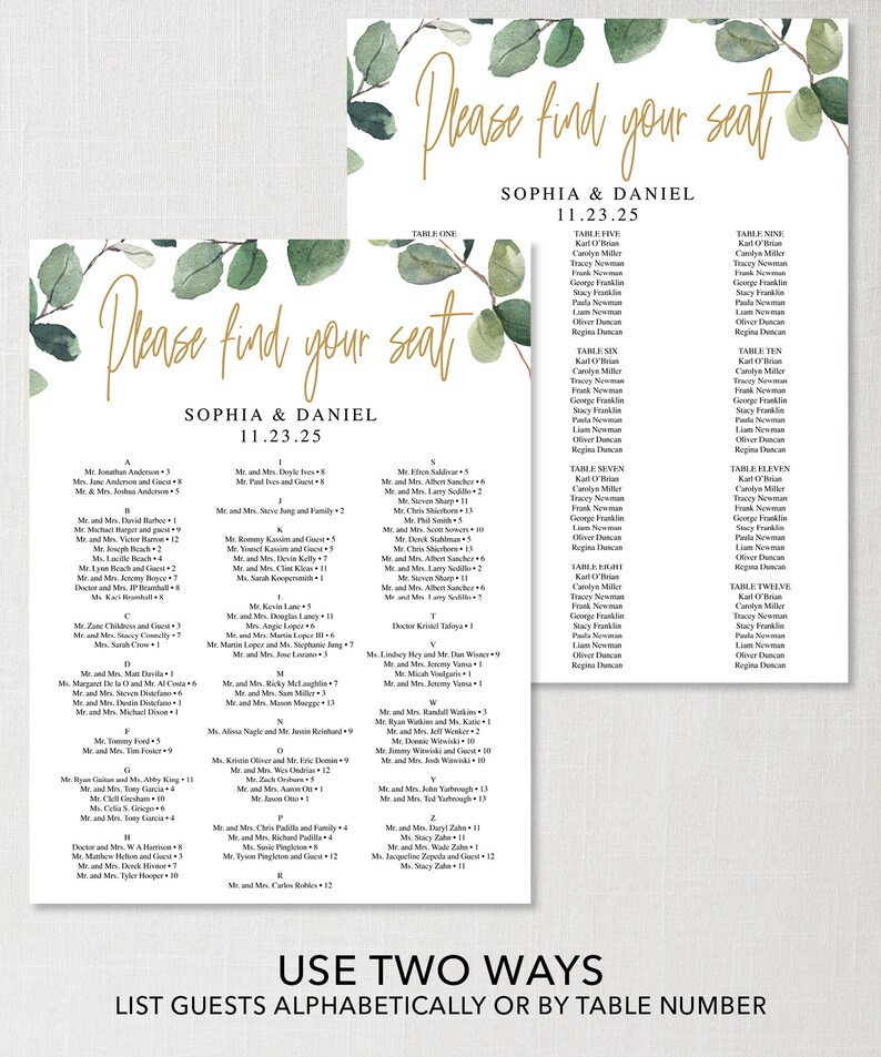 Eucalyptus Wedding Seating Chart Editable PDF Table | Etsy