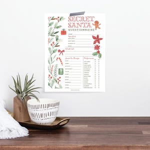 Printable Secret Santa Gift Exchange Questionnaire, Christmas Gift ...