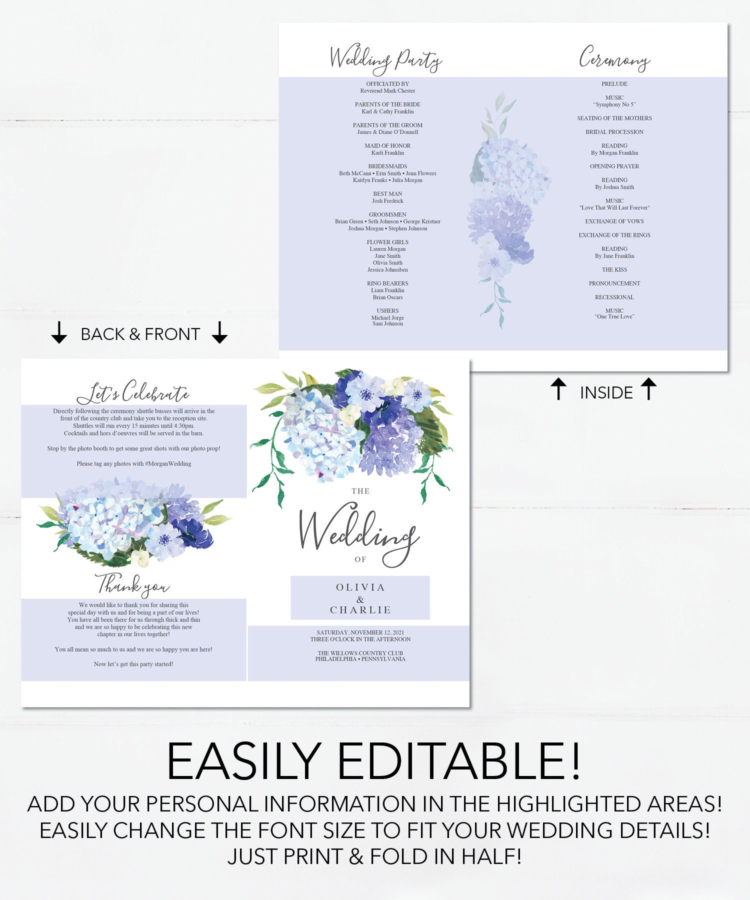 Hydrangea Folded Wedding Program Template Printable Wedding | Etsy