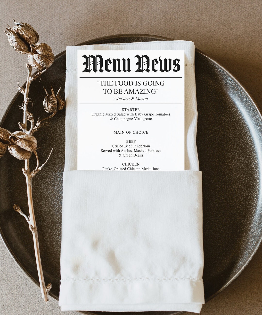 Newspaper Wedding Menu, Printable Editable Template, Bridal Shower Menu ...