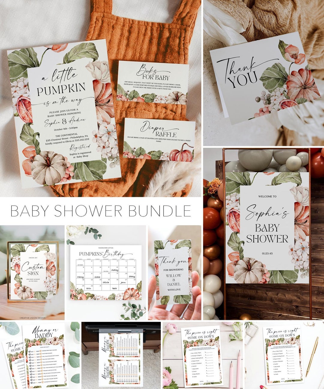 Little Pumpkin Fall Baby Shower Bundle, Printable Baby Shower Invite ...