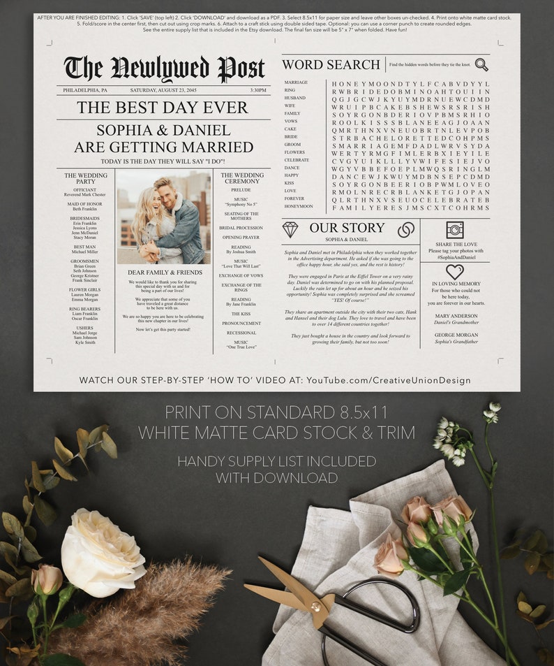 Newspaper Wedding Program Fan Fan Program Template Printable - Etsy