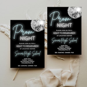 Neon Prom Party Invite Template, Prom Invitation, Disco Prom Party ...