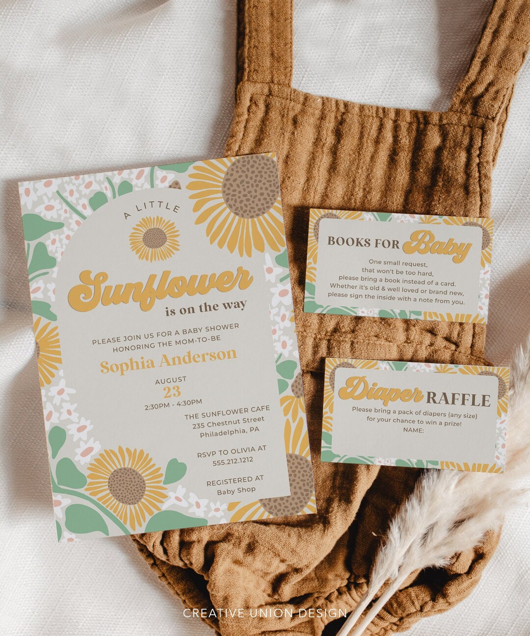 Retro Sunflower Baby Shower Invitation Set Template, Printable Editable ...