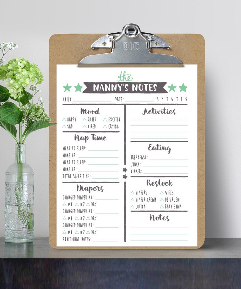 Instant Download - Nanny Notes - Child Care Provider Notes - Baby's ...