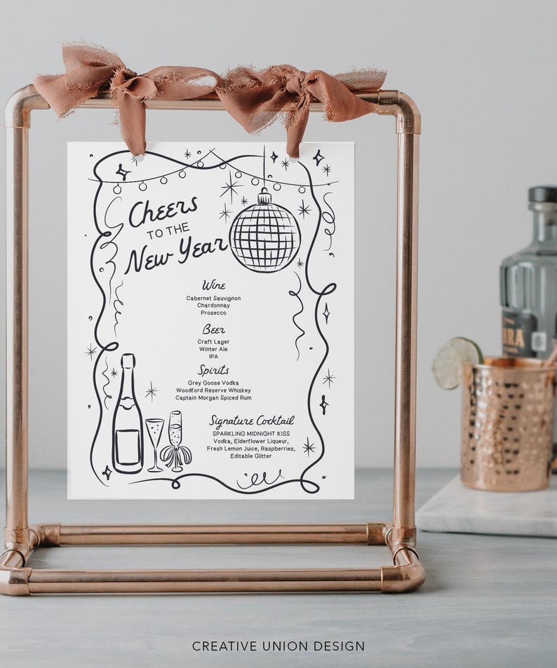 New Years Cocktail Menu Sign Template, New Year's Eve Bar Menu Sign ...