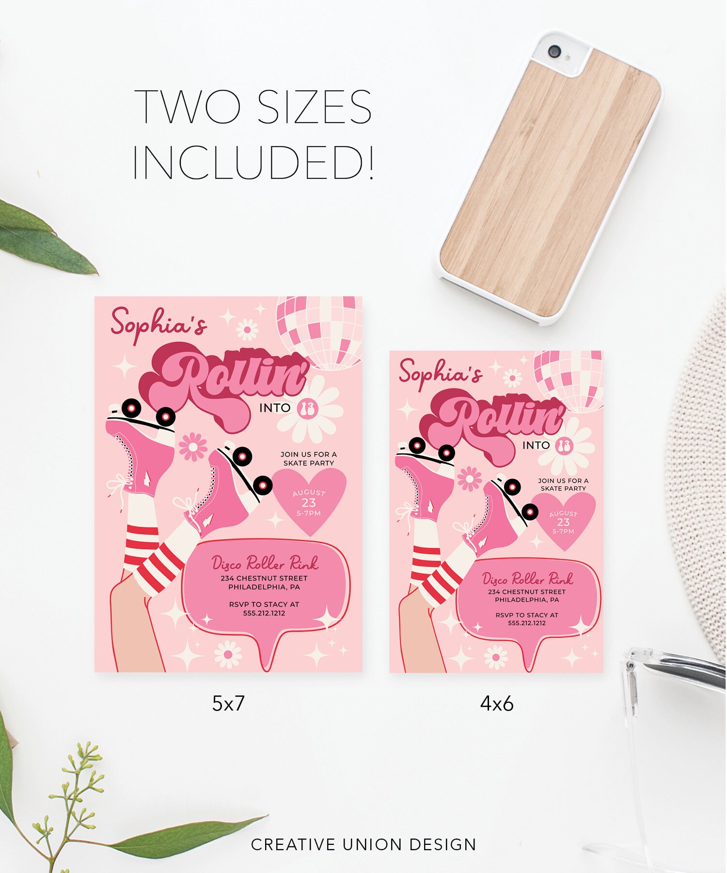 Roller Disco Skate Party Invitation Template, Pink Retro Roller Skating ...