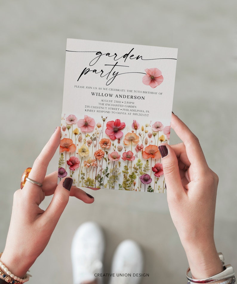 Garden Party, Wildflower Birthday Party Invite Template, Flower Stems ...