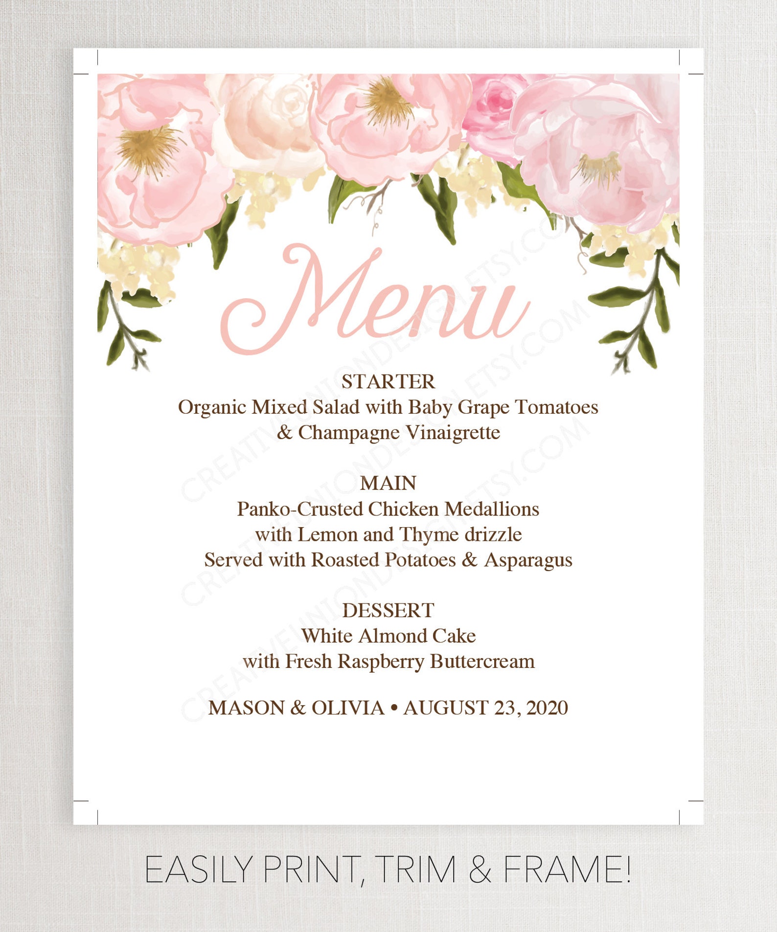 Printable Menu Sign, 8x10 Printable Menu, Bridal Shower Menu, Wedding ...