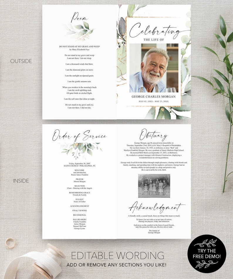 Funeral Program Template for Man Printable Celebration of - Etsy
